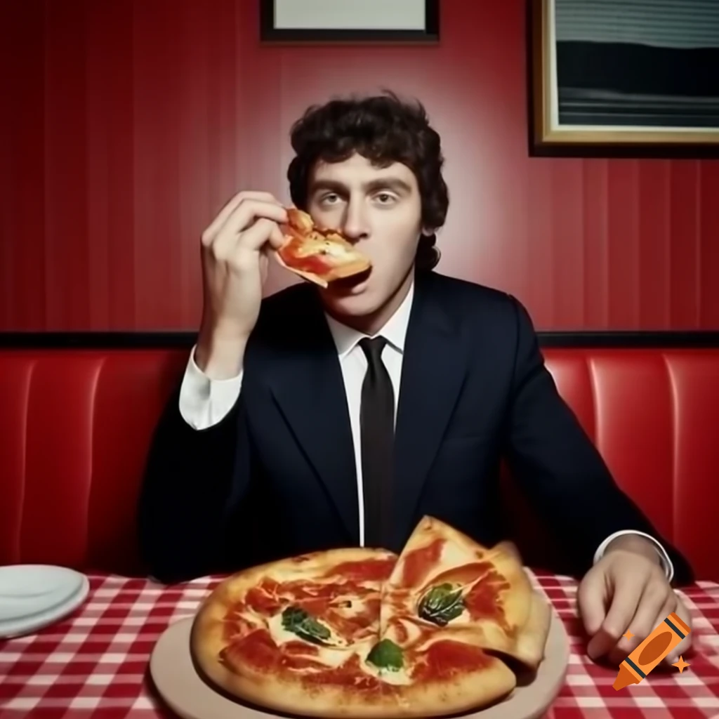 Man in suit eating pizza alone in parlor with checkered tablecloth on ...