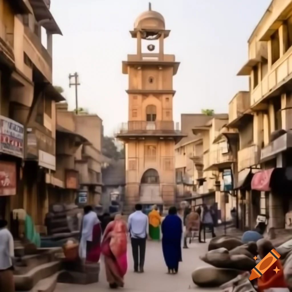 Vibrant street scene in Balotra city with traditional clock tower and ...