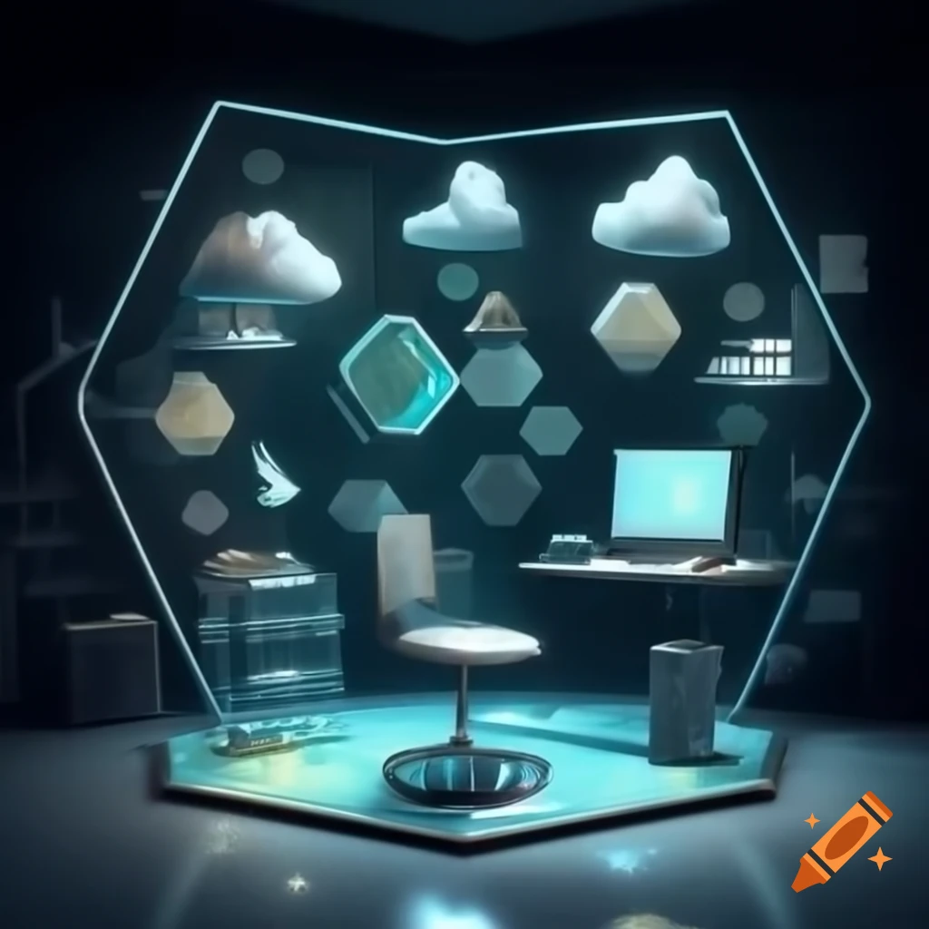 Modern glass-walled octagon studio with holographic projectors and ...