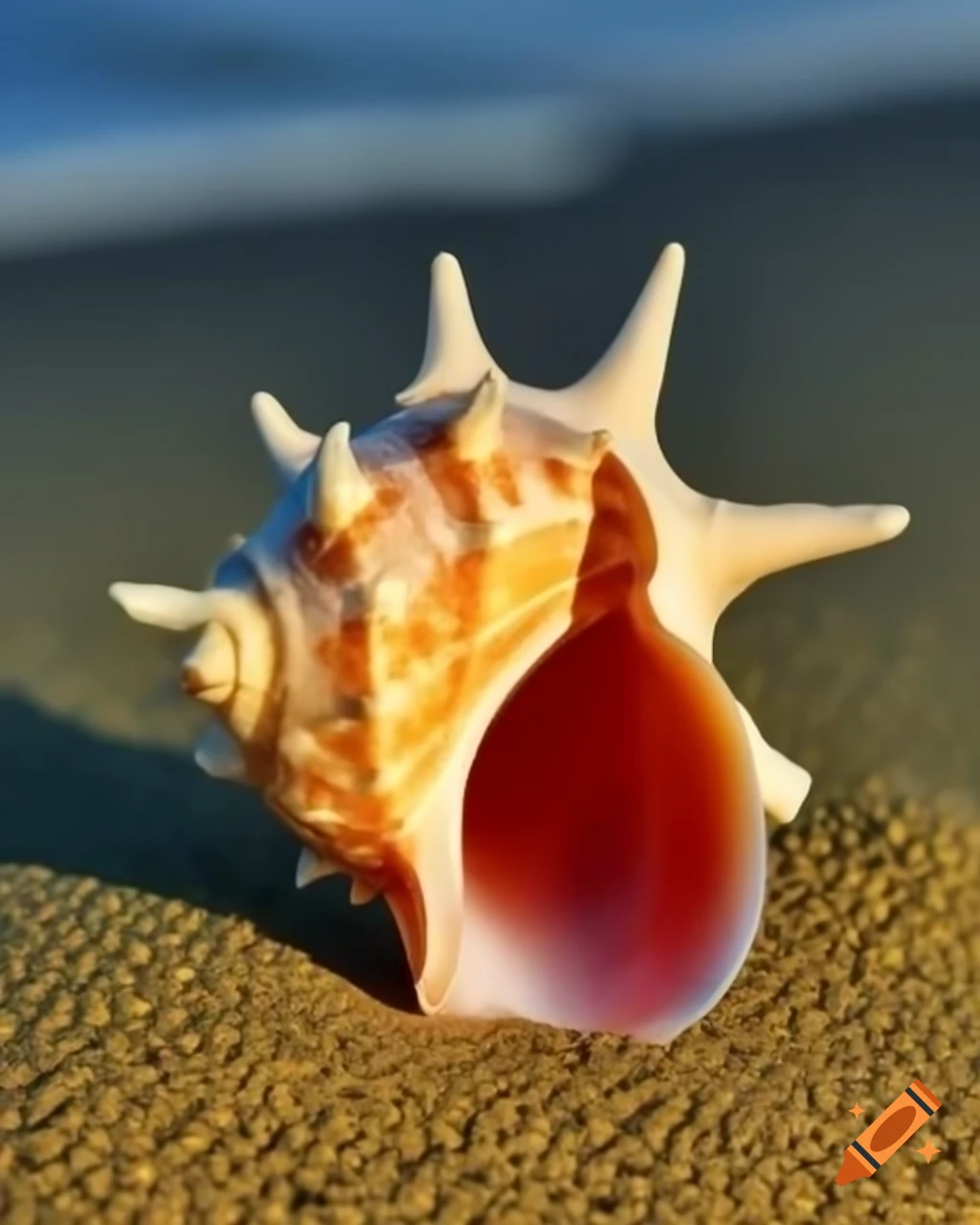 Exotic seashell in warm sand with a curious eye looking out towards the ...