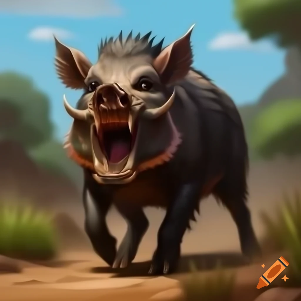 Aggressive wild boar on sandy path surrounded by vegetation, vintage ...