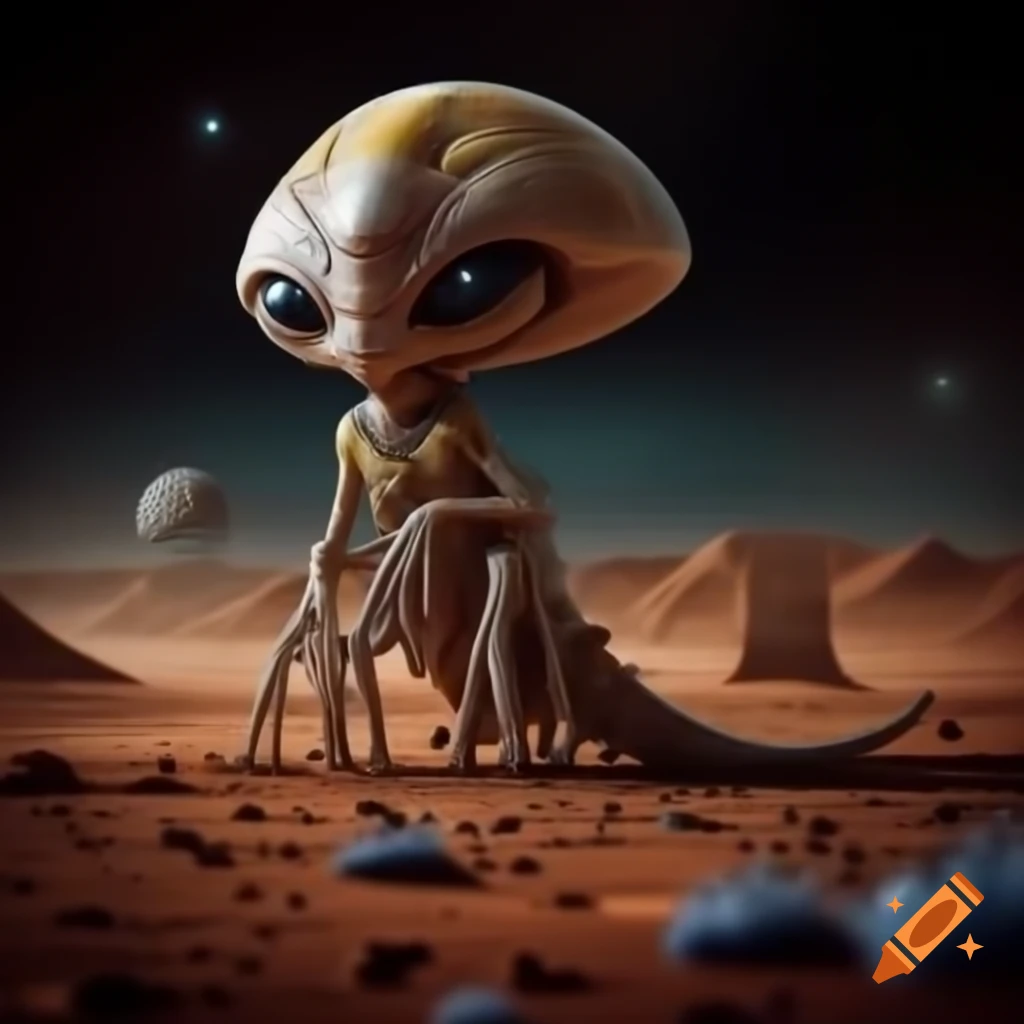Alien from Mars with crown and spiky tail emerging from spaceship on ...