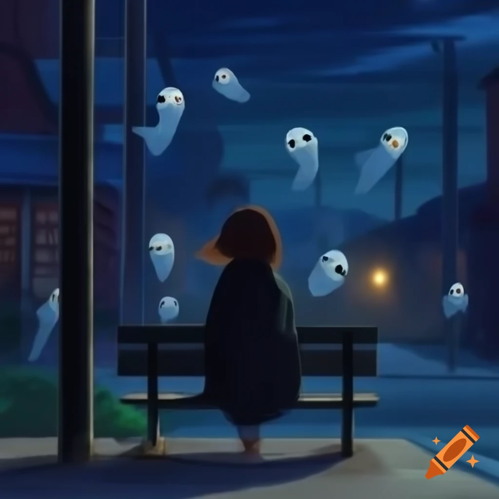 Girl on bench overlooking town at night with ghosts in anime style on ...