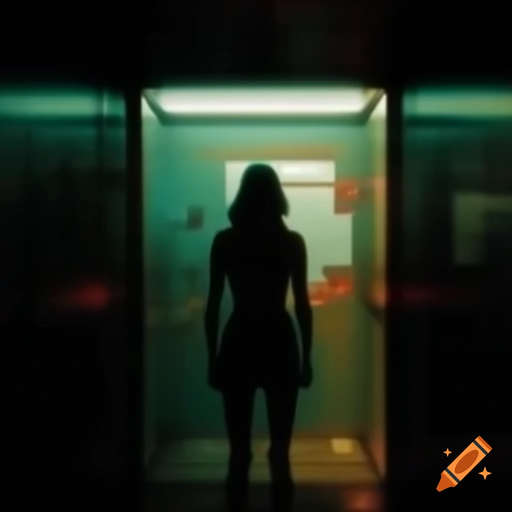 Female silhouette in dim elevator with glitch effect on Craiyon