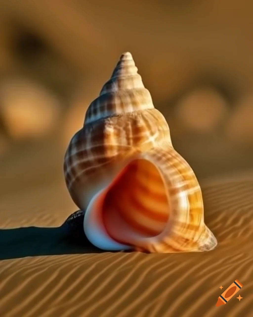 Exotic seashell in warm sand with a curious eye visible on Craiyon