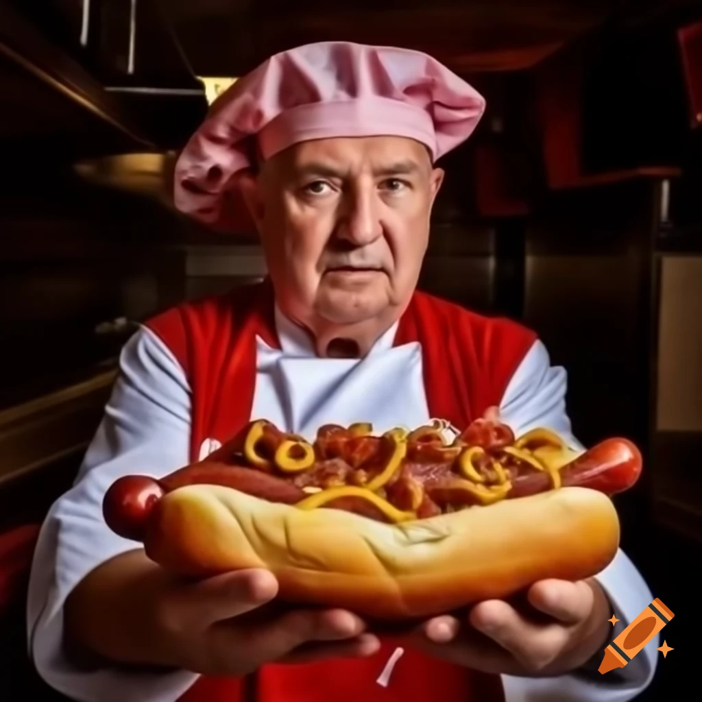 Middle-aged medieval butcher with meat hat made of hotdogs and buns on ...