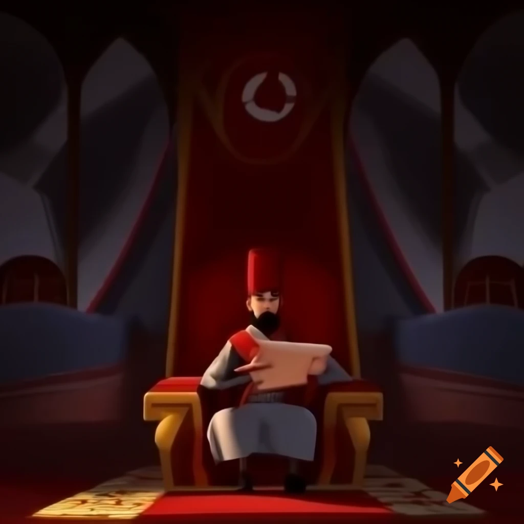 Cinematic cartoon of young man in royal hall reading scroll on Craiyon