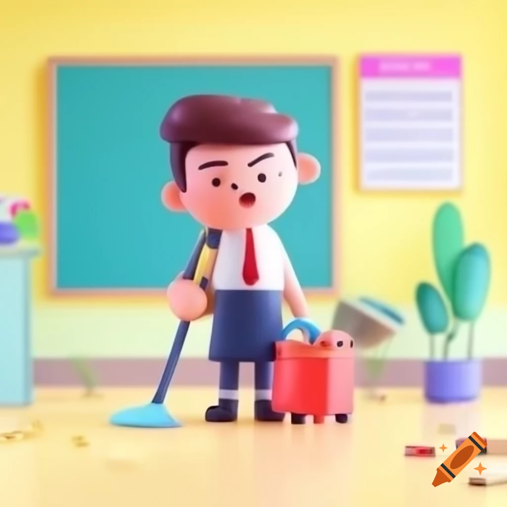 Cartoon scene of student cleaning school floor with principal ...