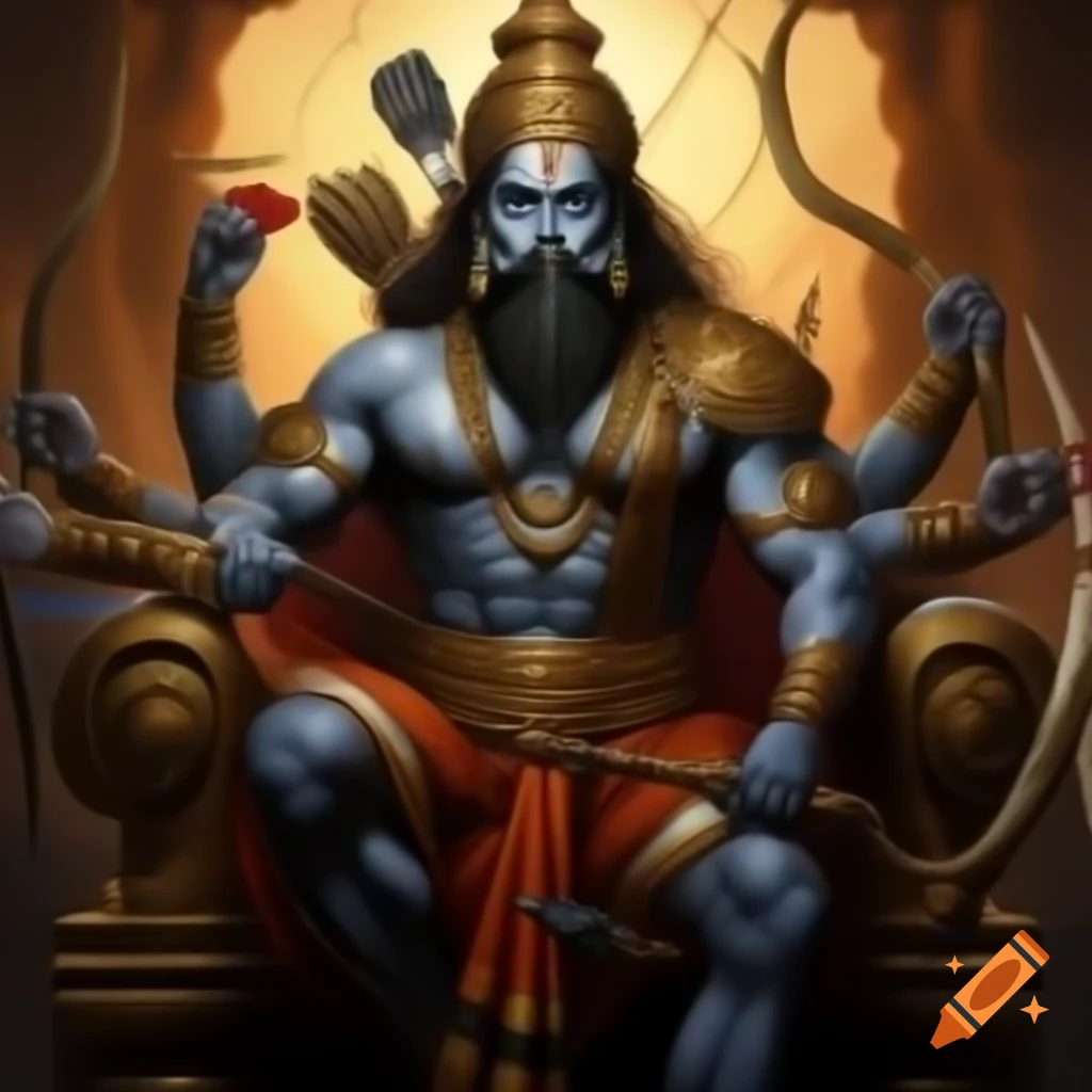 Indian mythological king with bows and arrows sitting on throne on Craiyon