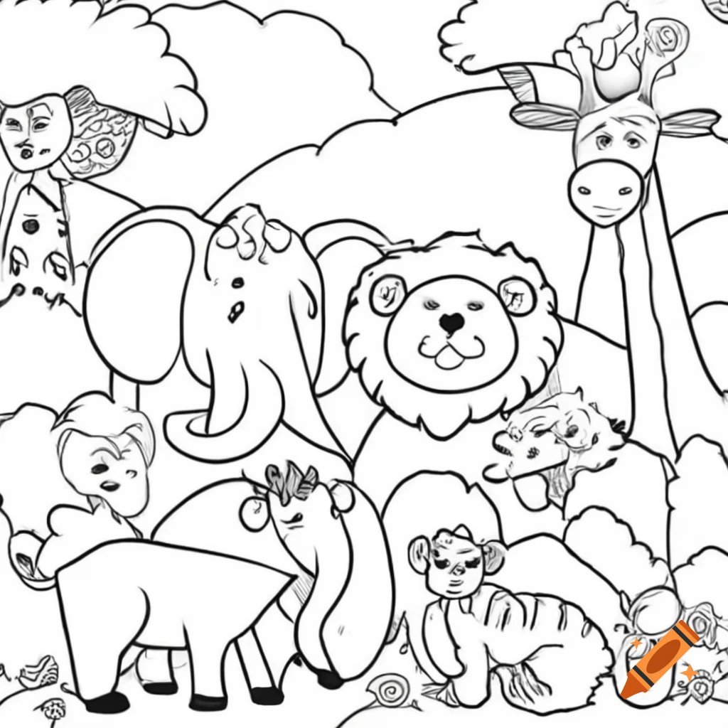 Black and white line drawing of jungle animals including lion, elephant ...