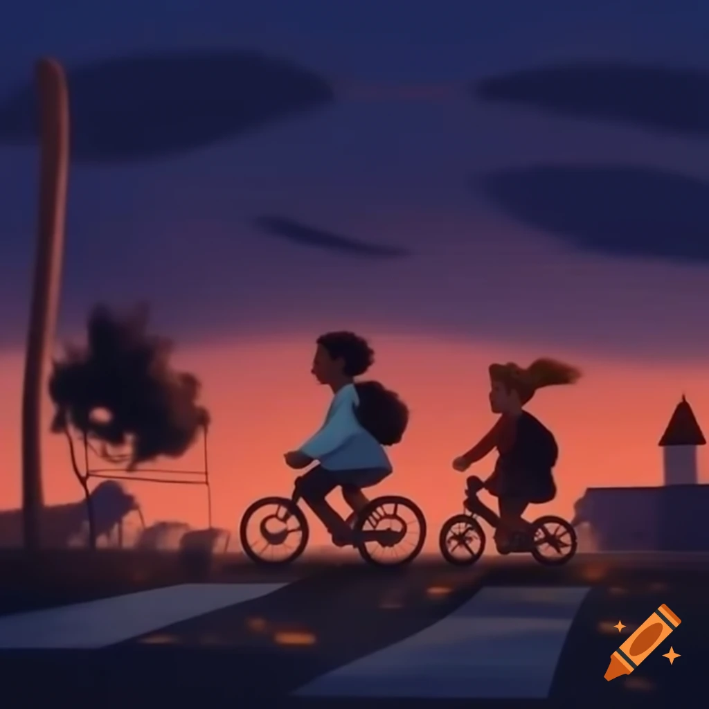 Kids riding bikes on suburban street in evening light with dusky sky on ...