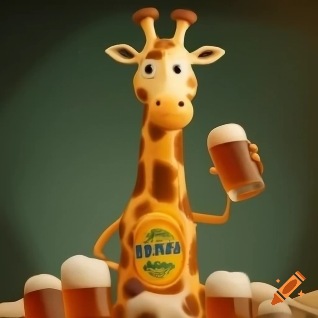 Whimsical beer bottle shaped like a giraffe, pouring beer from its ...