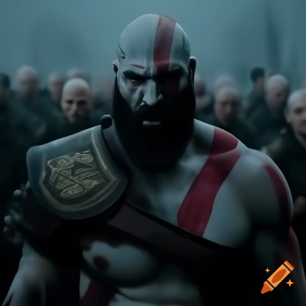 Kratos in heavy armor on devastated plain with echoes of war on Craiyon