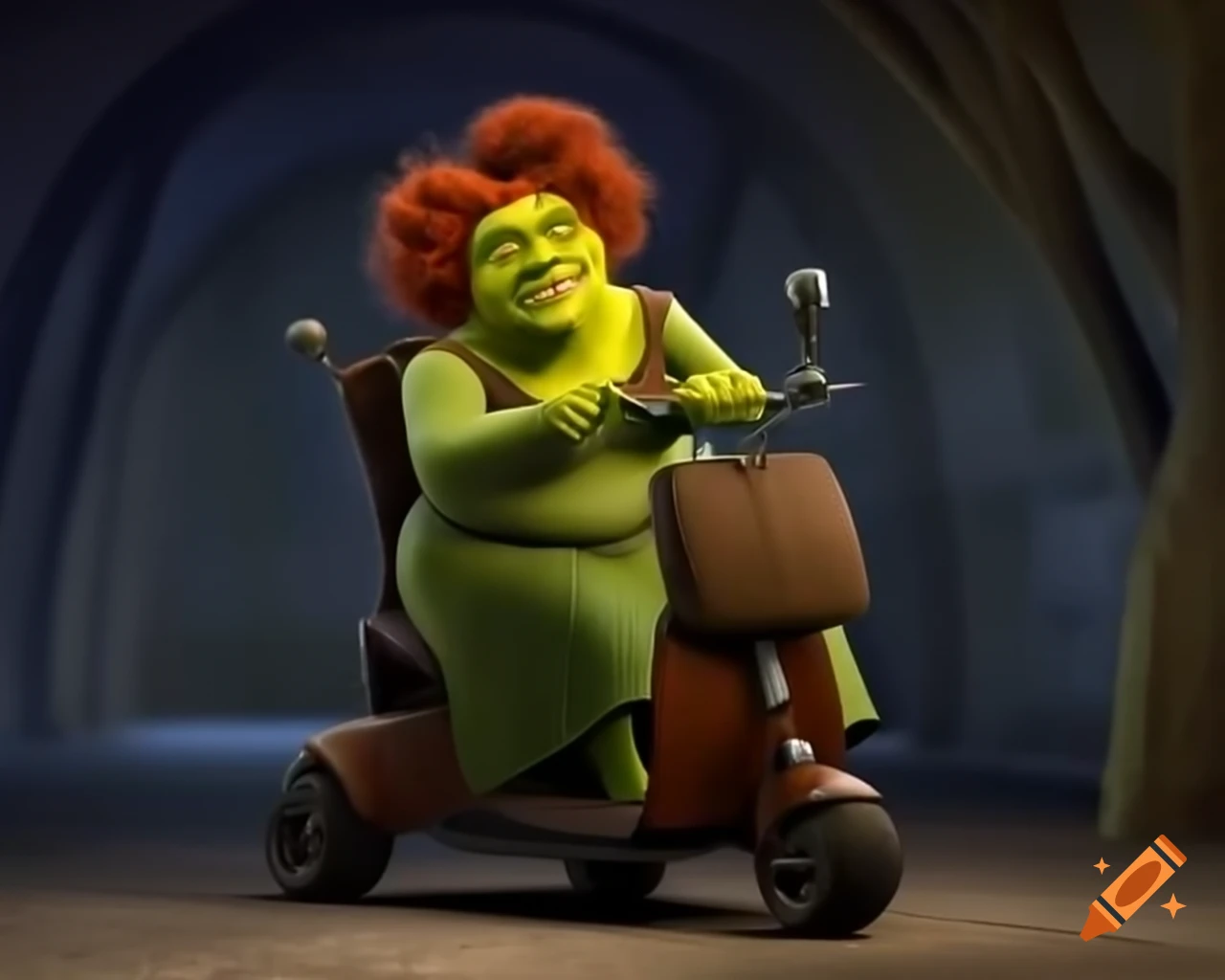 Princess Fiona in mobility scooter from Shrek on Craiyon