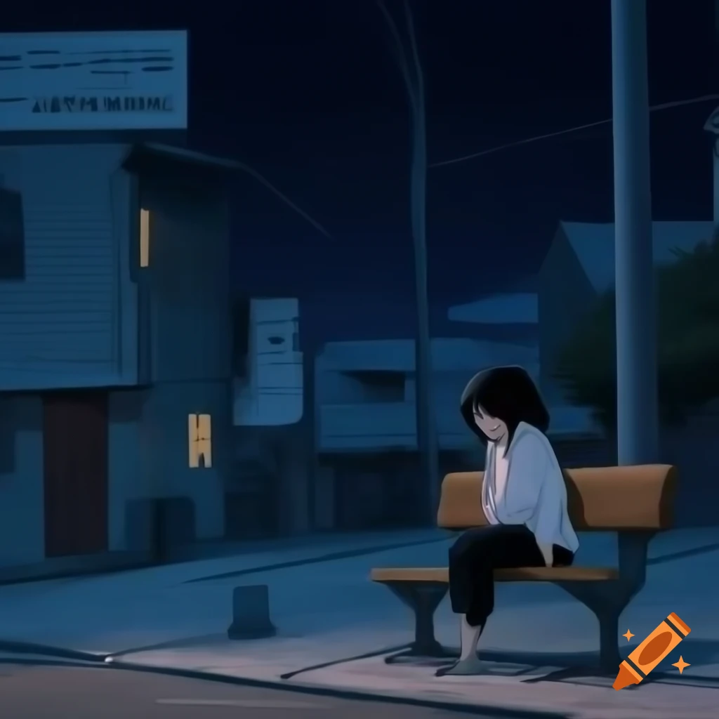 Girl on bench in town with ghostly figures walking around at night ...
