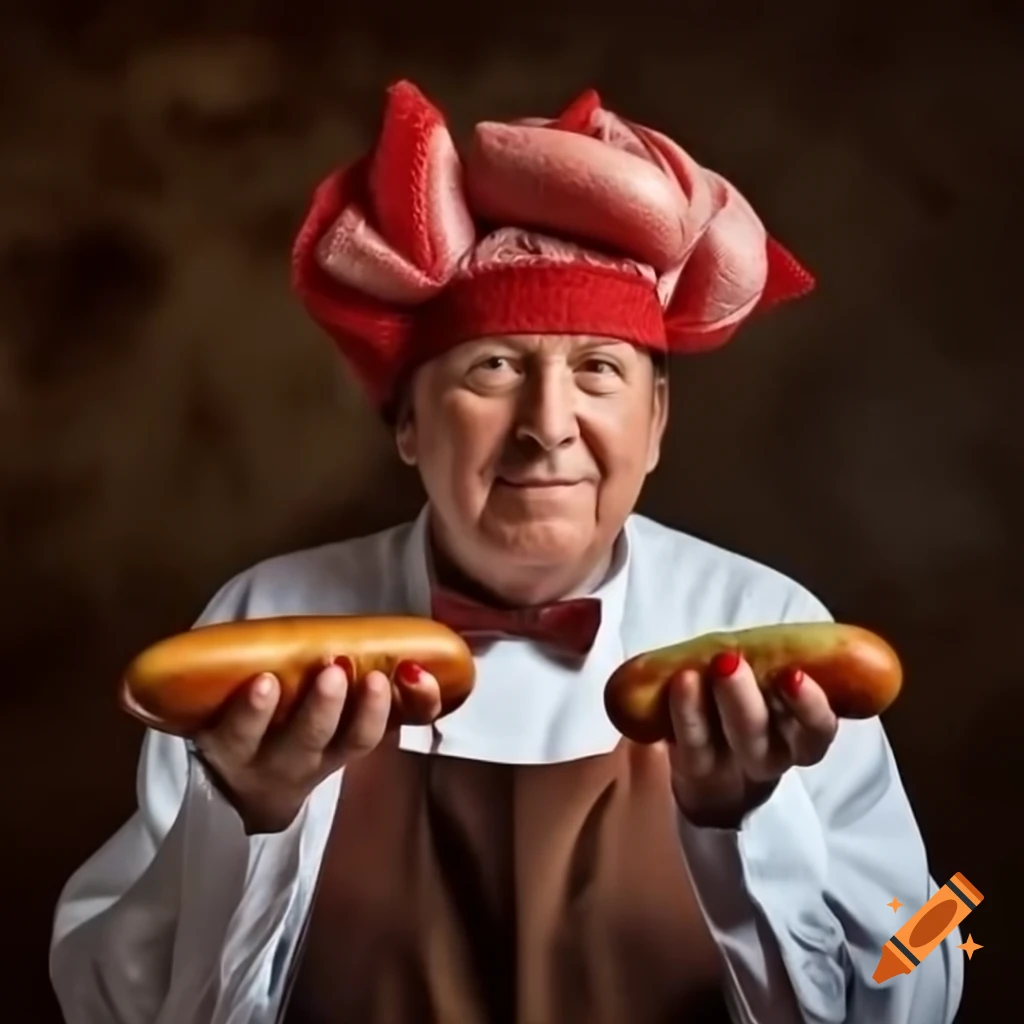 Middle-aged medieval butcher with meat hat made of hotdogs and buns on ...