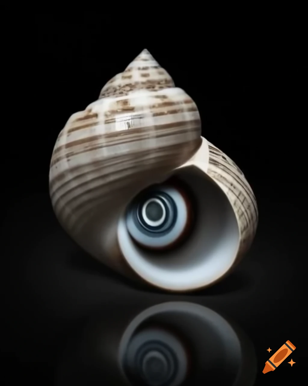 Exotic spiral shell with gray-black eyeball in shadow on Craiyon