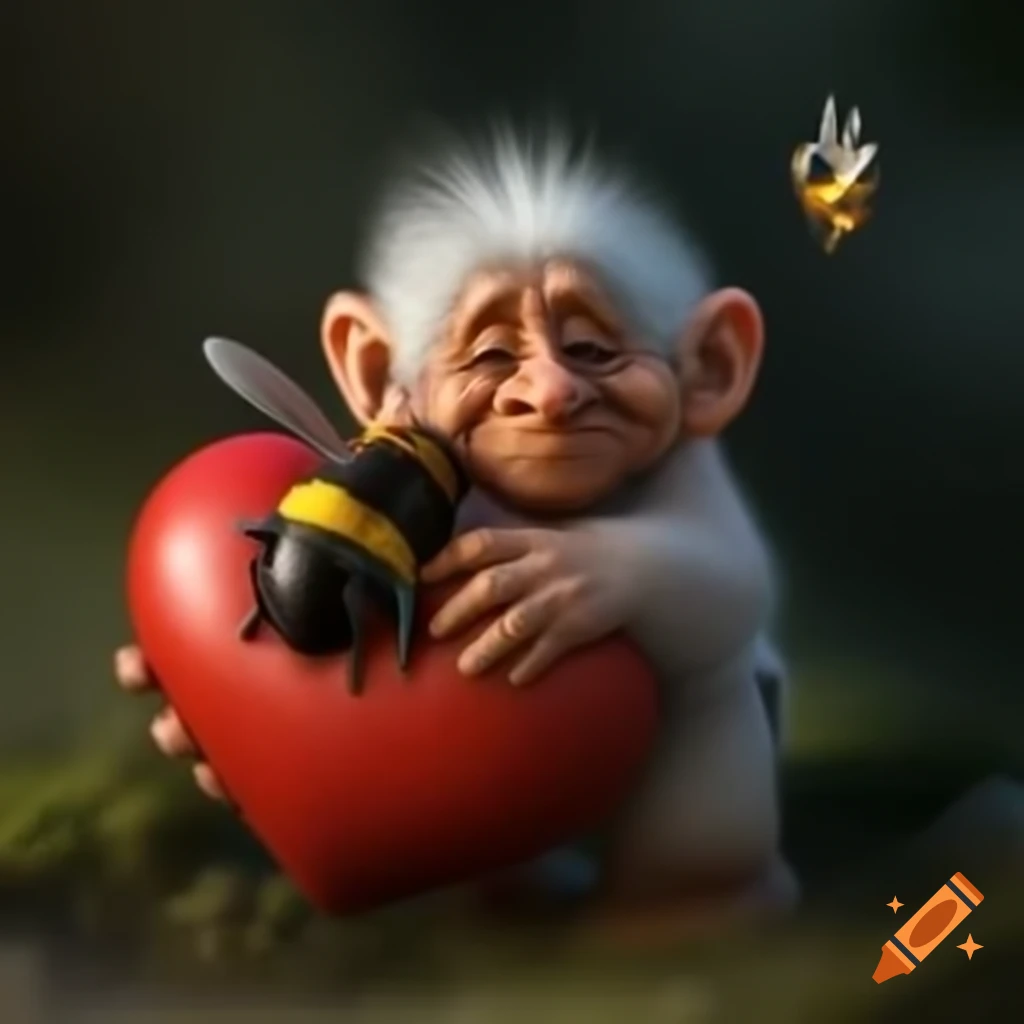 Norwegian troll gently cradling a miniature bee in its heart on Craiyon