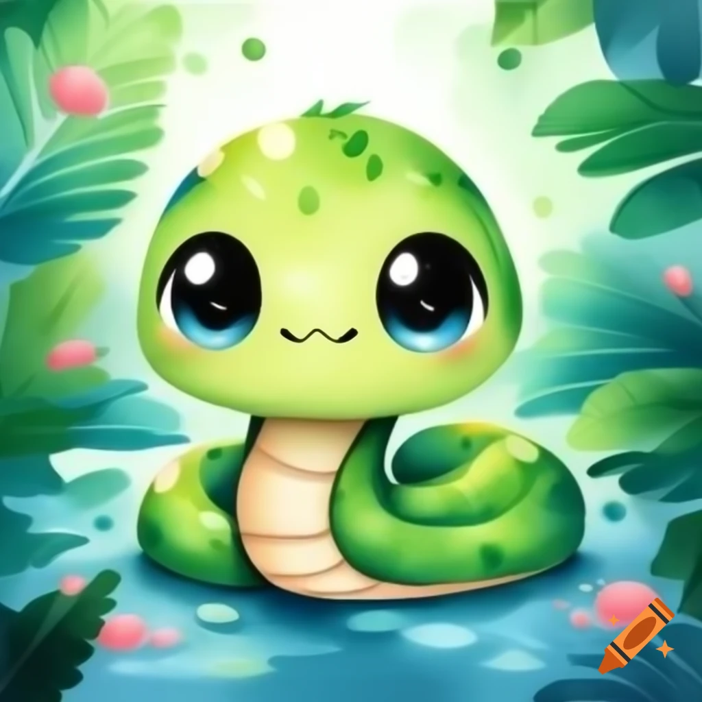 Whimsical chibi-style green anaconda with sparkling eyes in vibrant ...