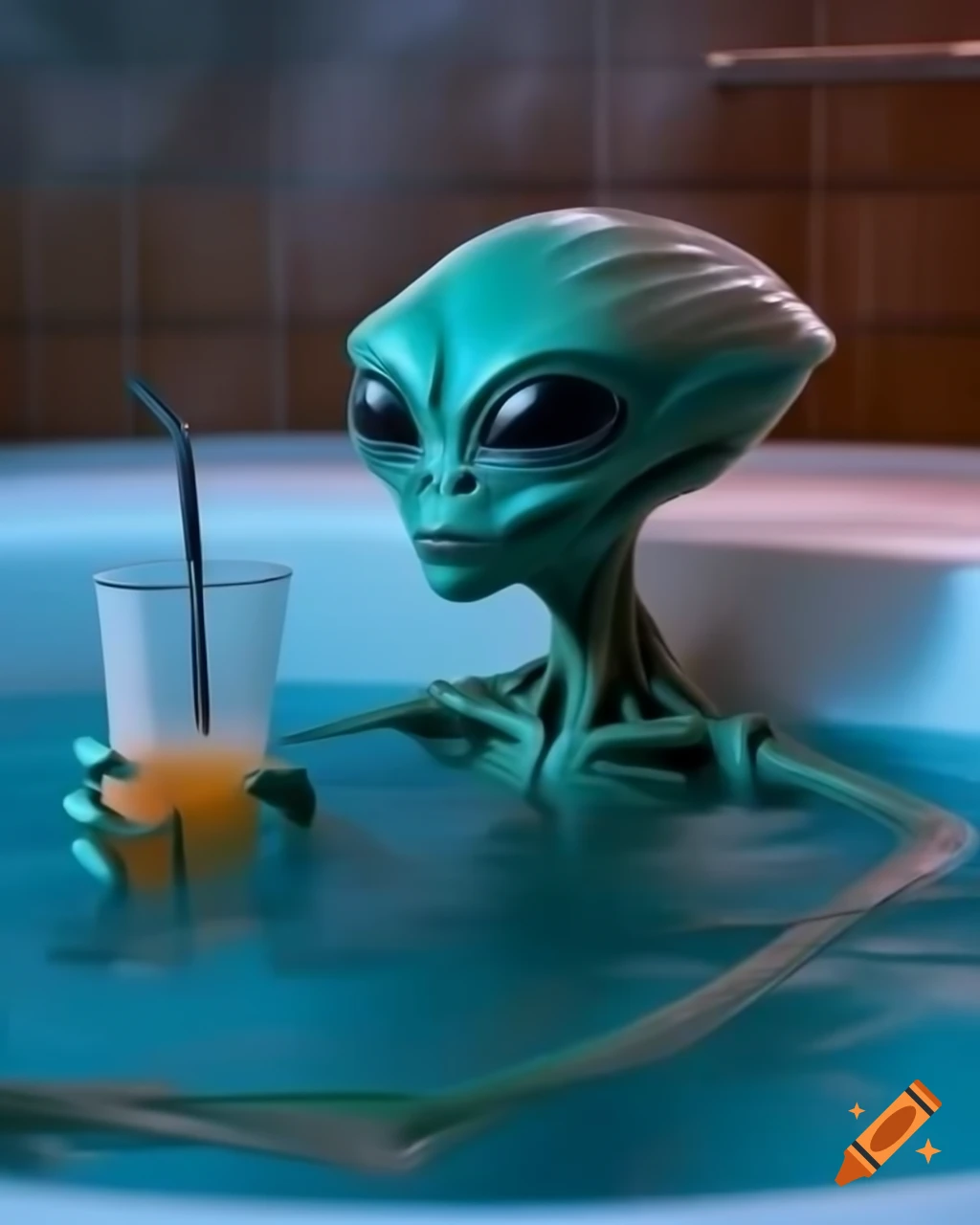 Alien relaxing in jacuzzi holding a drink on Craiyon