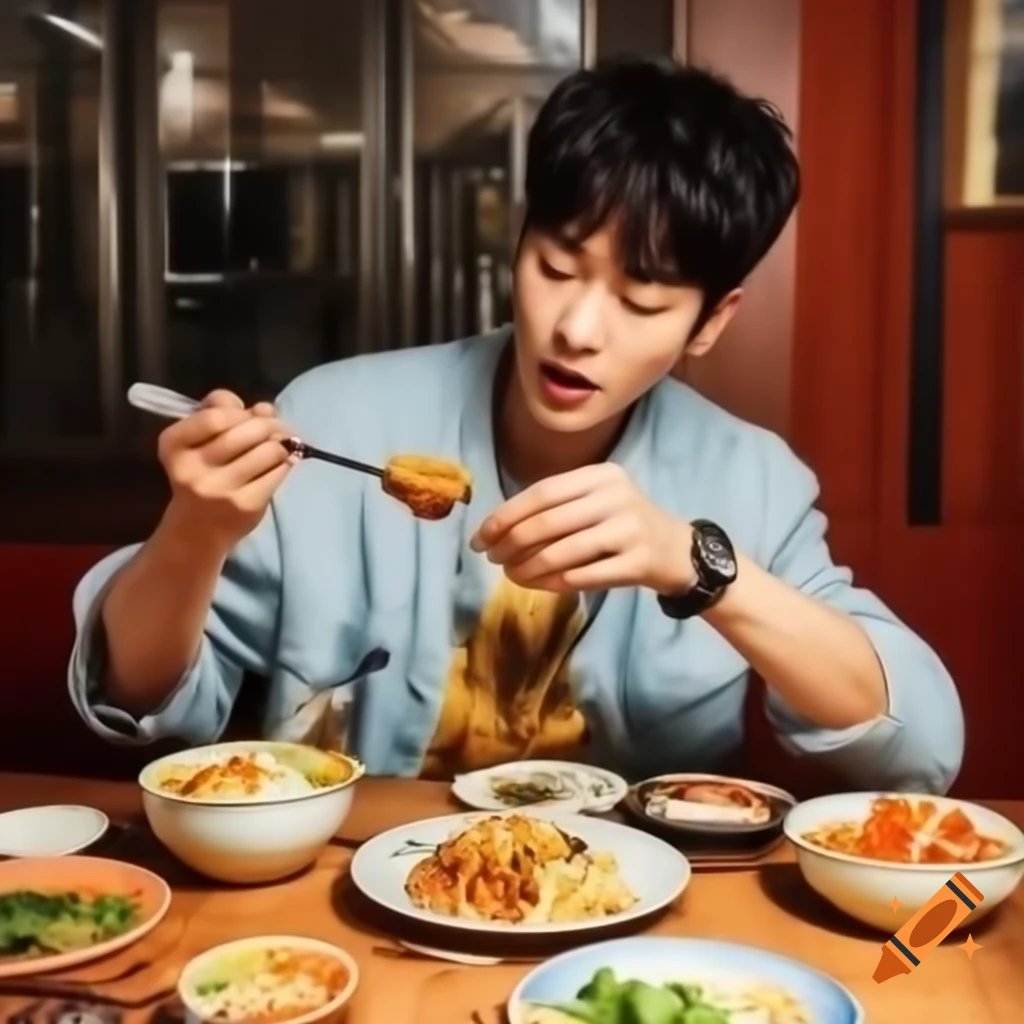 Attractive Korean food blogger trying traditional Korean cuisine on Craiyon