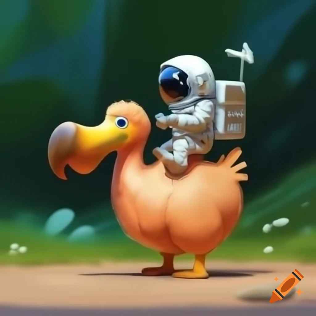 Astronaut riding a large dodo bird in a whimsical scene on Craiyon