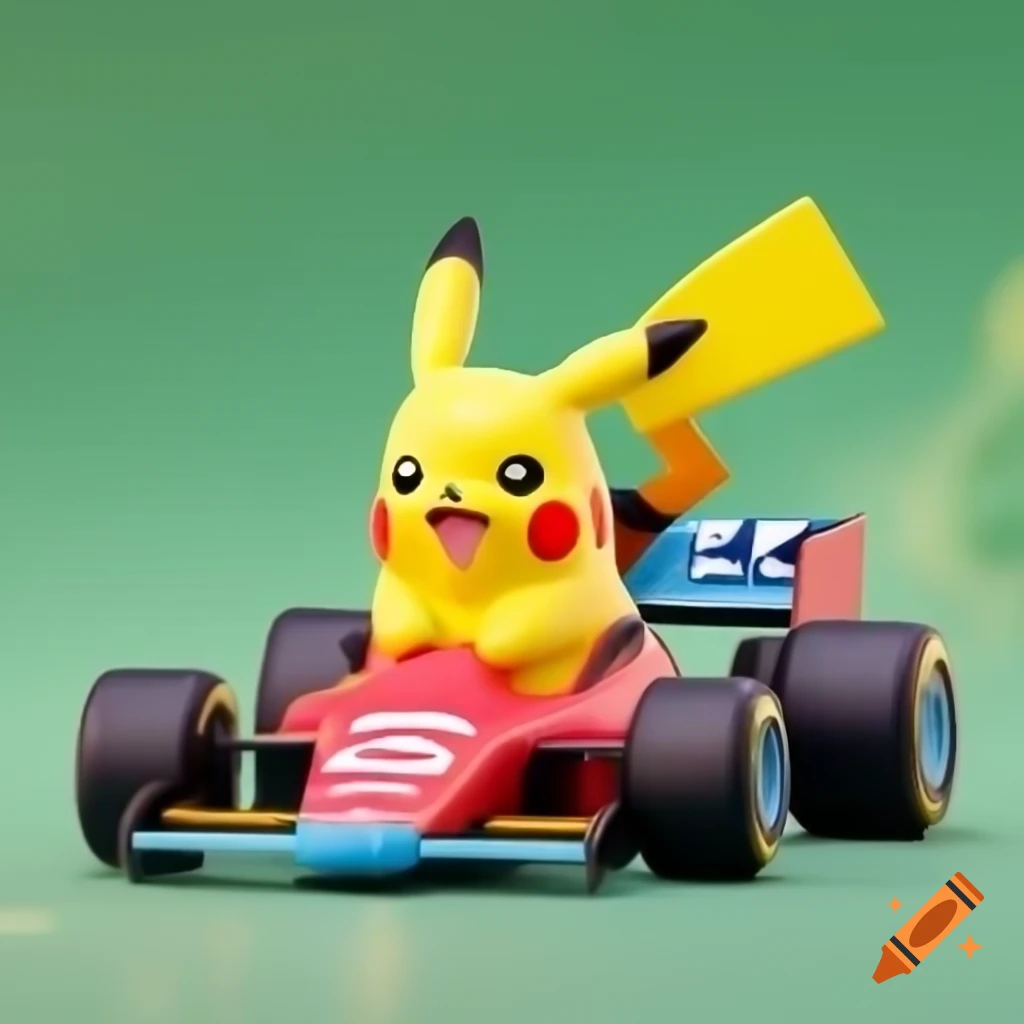 Pikachu in racing suit driving Formula 1 car in cartoon style on Craiyon