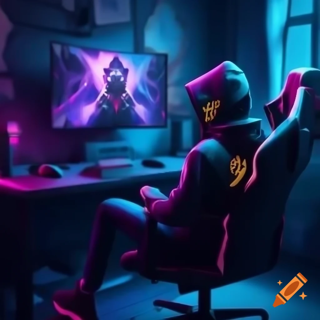 Cool masked gamer in neon hoodie relaxing in cozy gaming room with ...