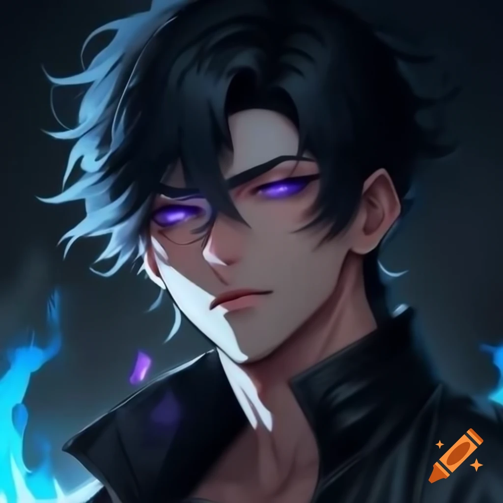 Anime male character with black hair and violet eyes casting blue ...