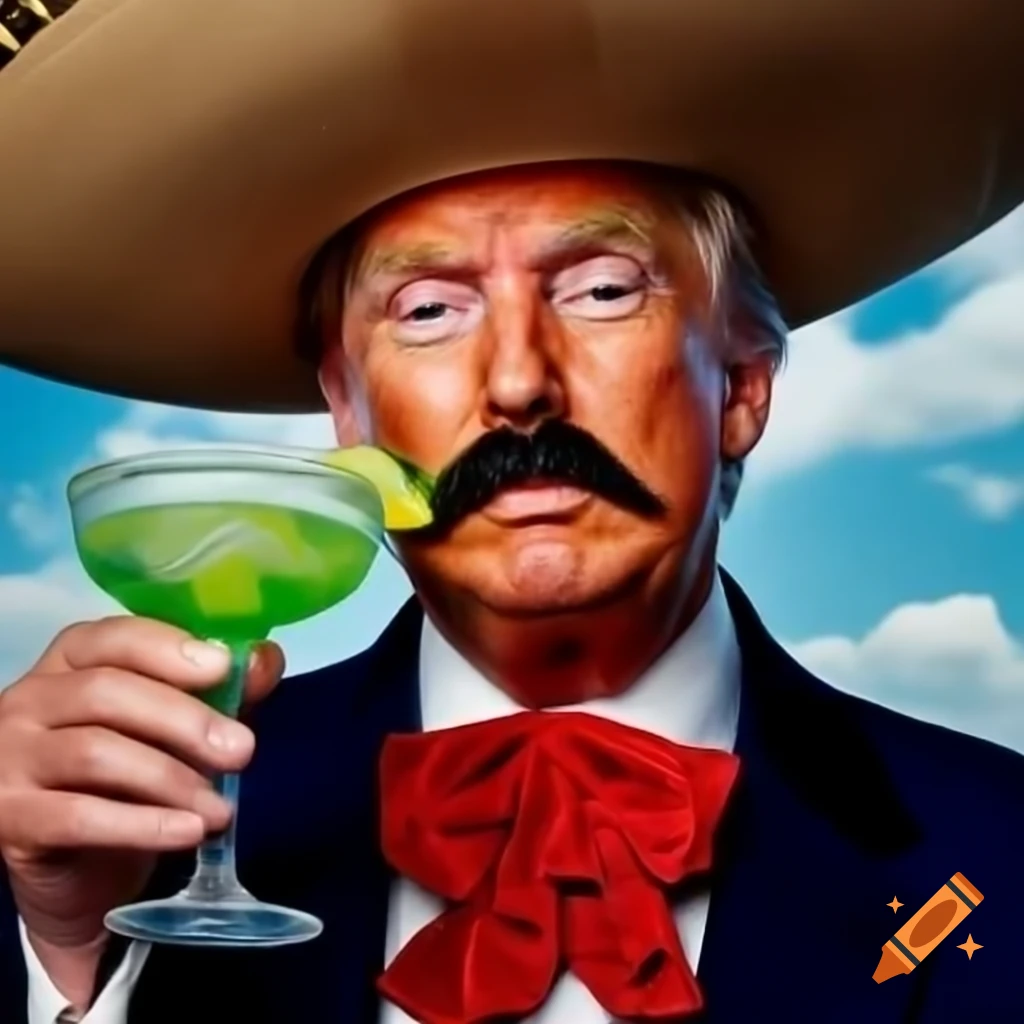 Donald Trump in sombrero with mustache holding margarita on Craiyon