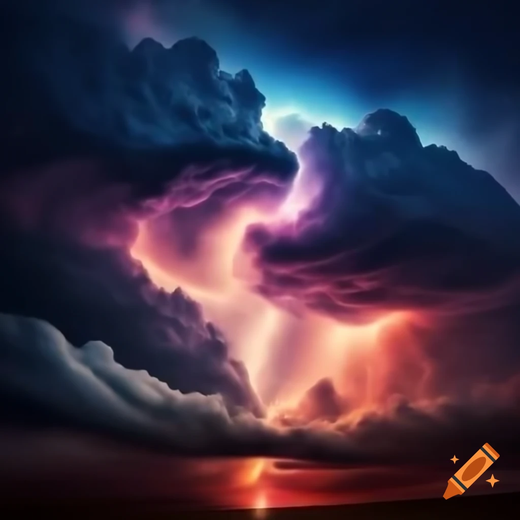 Colorful and realistic thunderstorm with dark sky on Craiyon