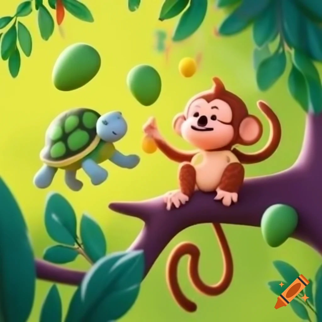 Monkey tossing mangoes from tree while turtle catches and enjoys one, vibrant scene on Craiyon