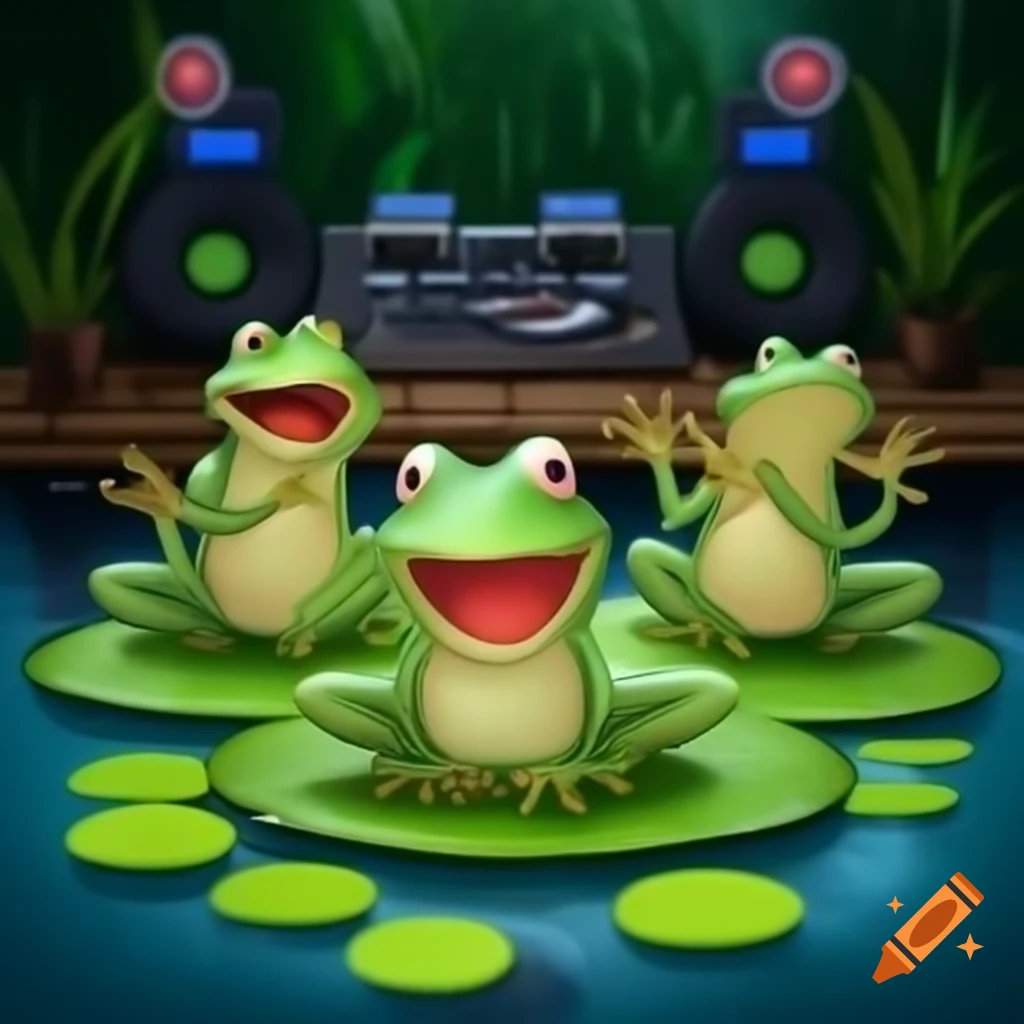 Frogs dancing on lilypad in front of DJ deck on Craiyon