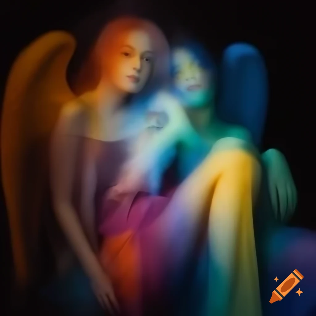Abstract representation of half-visible angels in vibrant colors on Craiyon