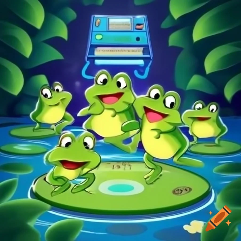 Happy frogs dancing on lilypad in front of a DJ on Craiyon