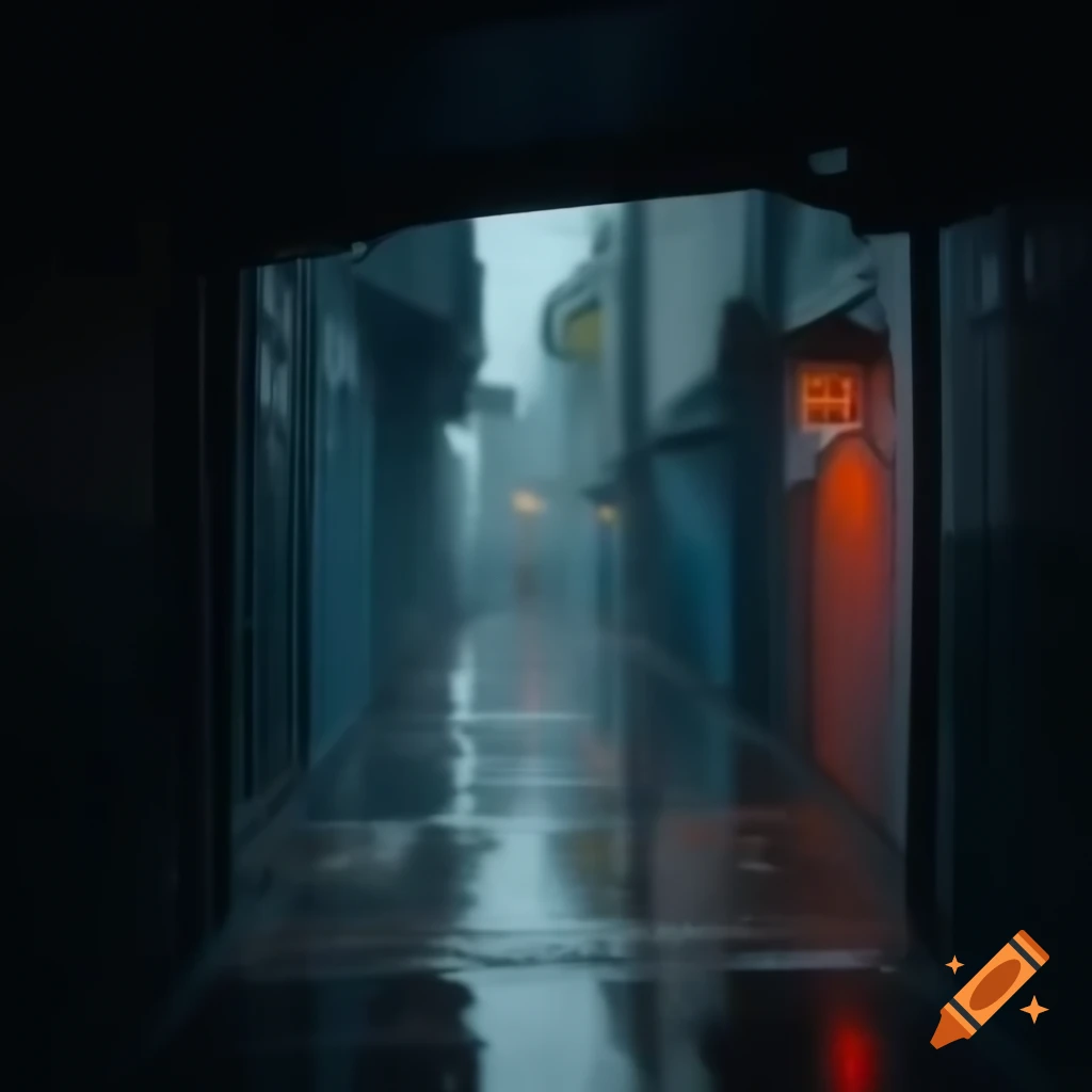 Dimly lit alleyway reflecting city glow with silhouette nearby on Craiyon