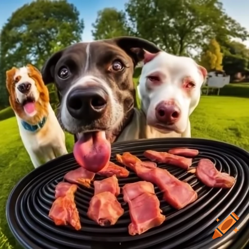 Closeup of happy dogs playing by BBQ with colorful meat on Craiyon
