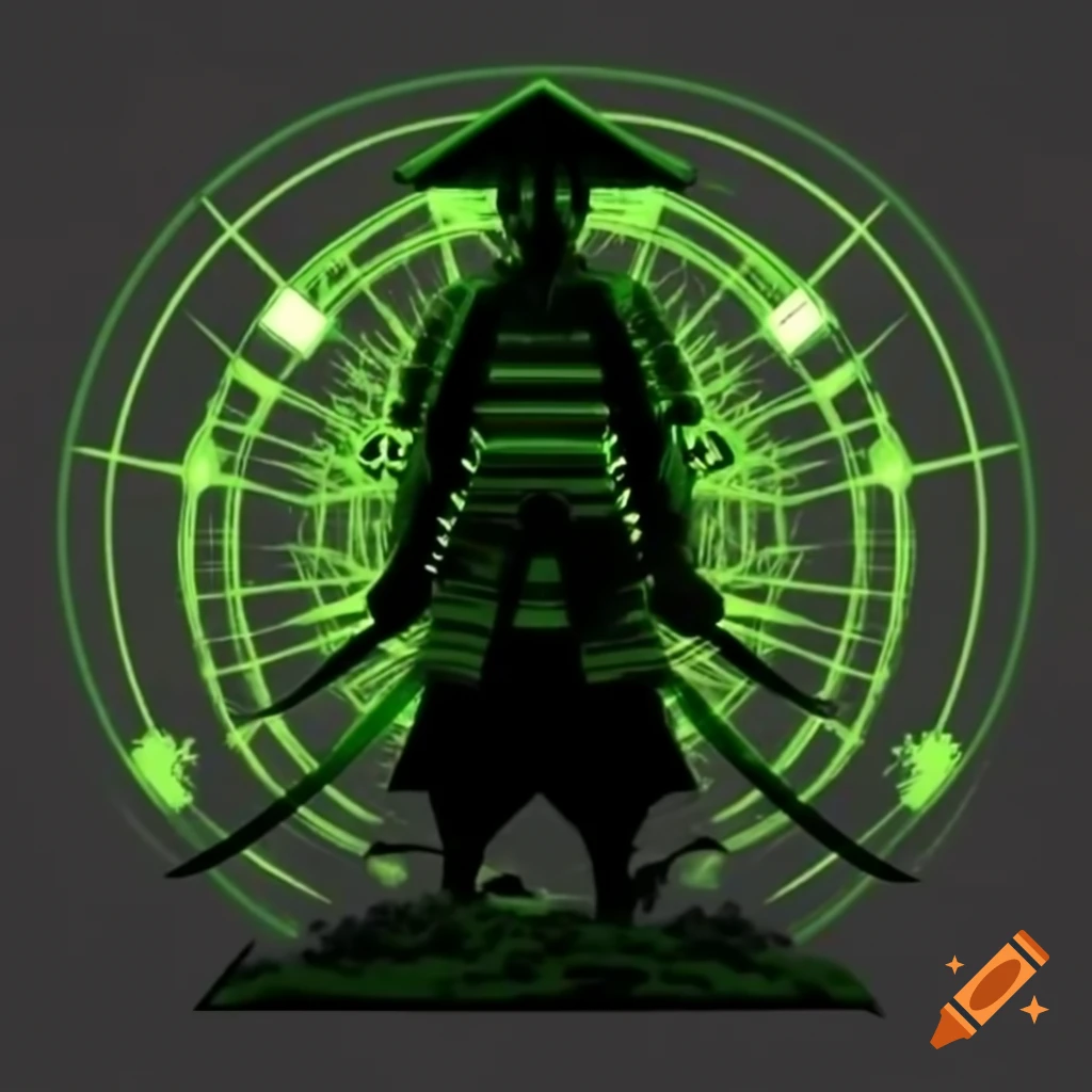 Samurai statue adorned with glowing green Japanese symbols on Craiyon