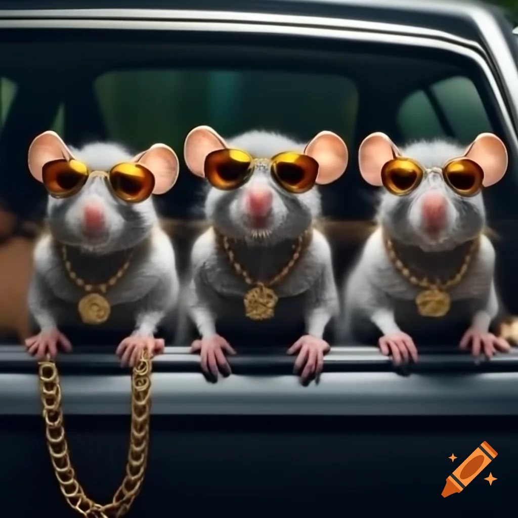 Three stylish rats with sunglasses and gold chains on a black car on ...