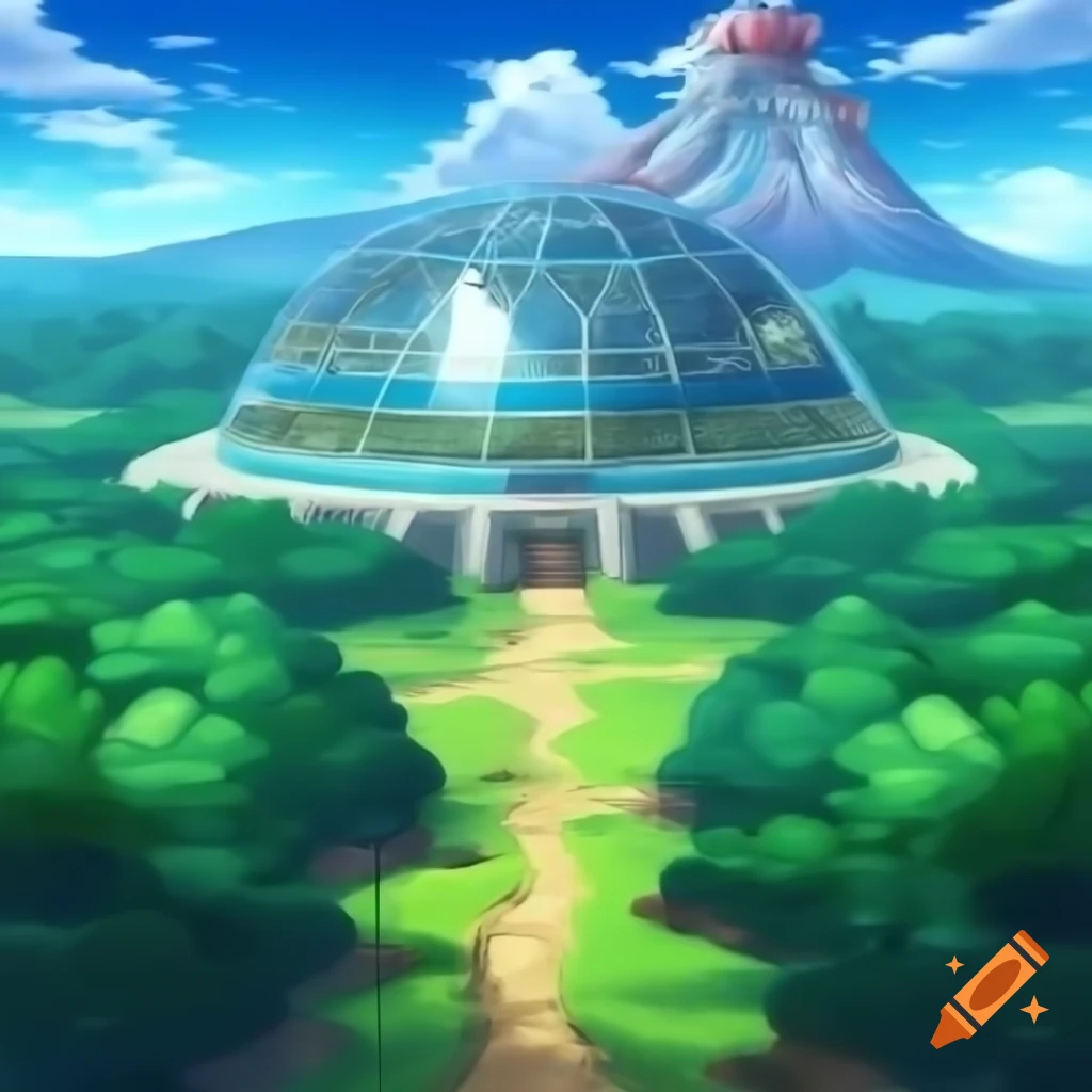 Pokemon research lab in glass dome surrounded by forest, fields, lake ...