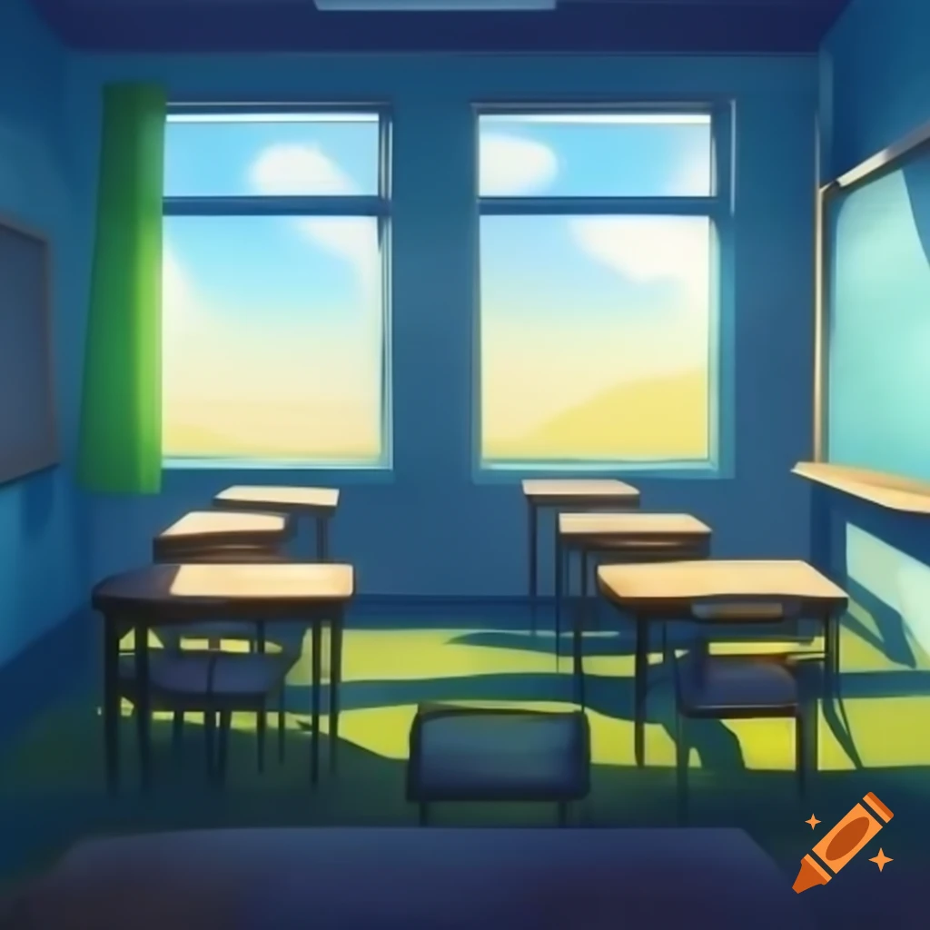 Cartoon classroom with desks and windows letting in light on Craiyon