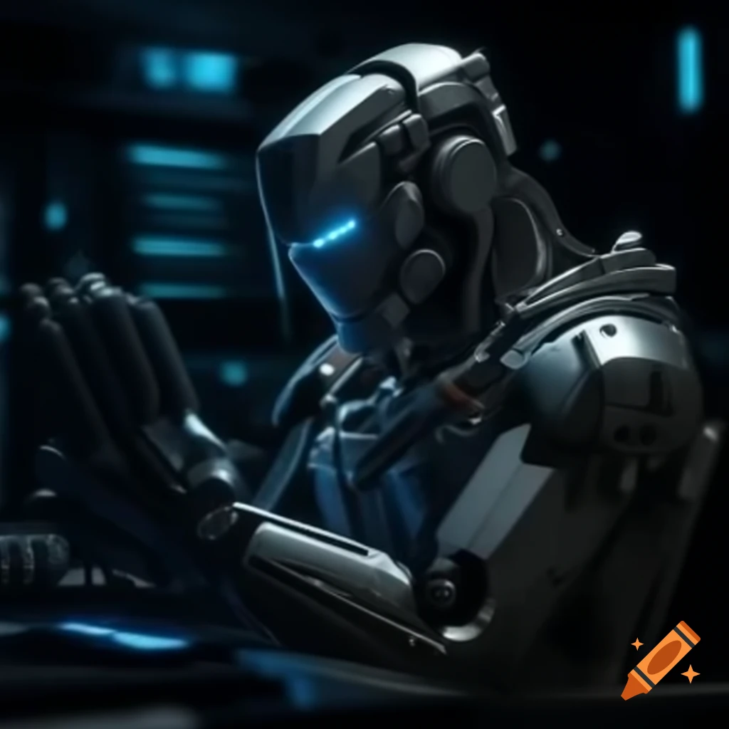 Man using MILITECH CANTO MK.6 cyberdeck on Craiyon