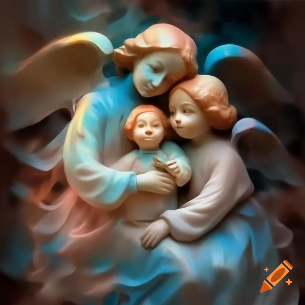 Abstract scene with ethereal angels and colorful elements, exploring themes of time and ...