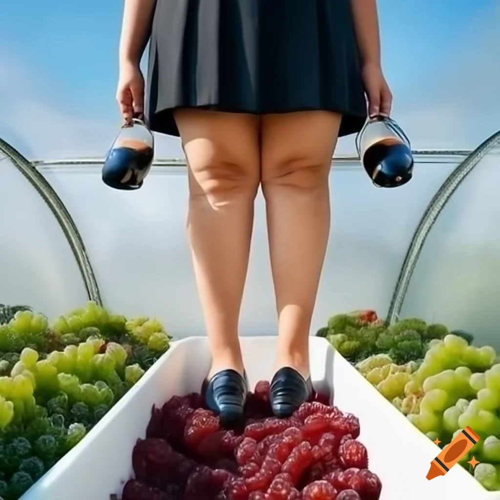 Woman stomping grapes in clear vat to make wine on Craiyon