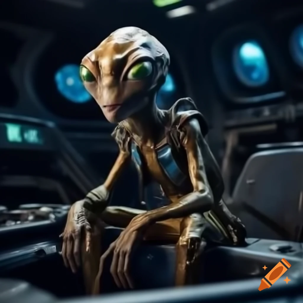 Alien in shiny jumpsuit sitting in spaceship cockpit on Craiyon