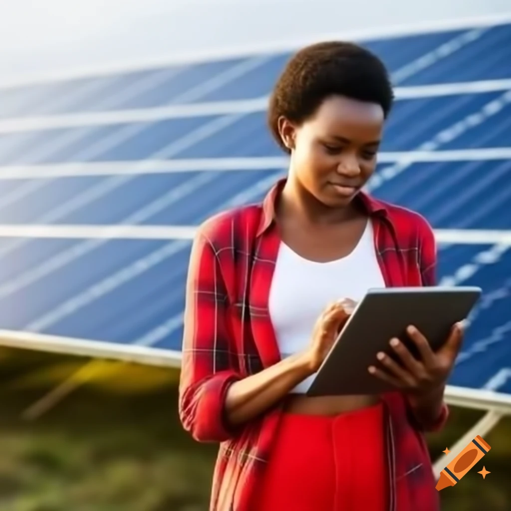 African teacher using solar-powered tablet in classroom setting on Craiyon