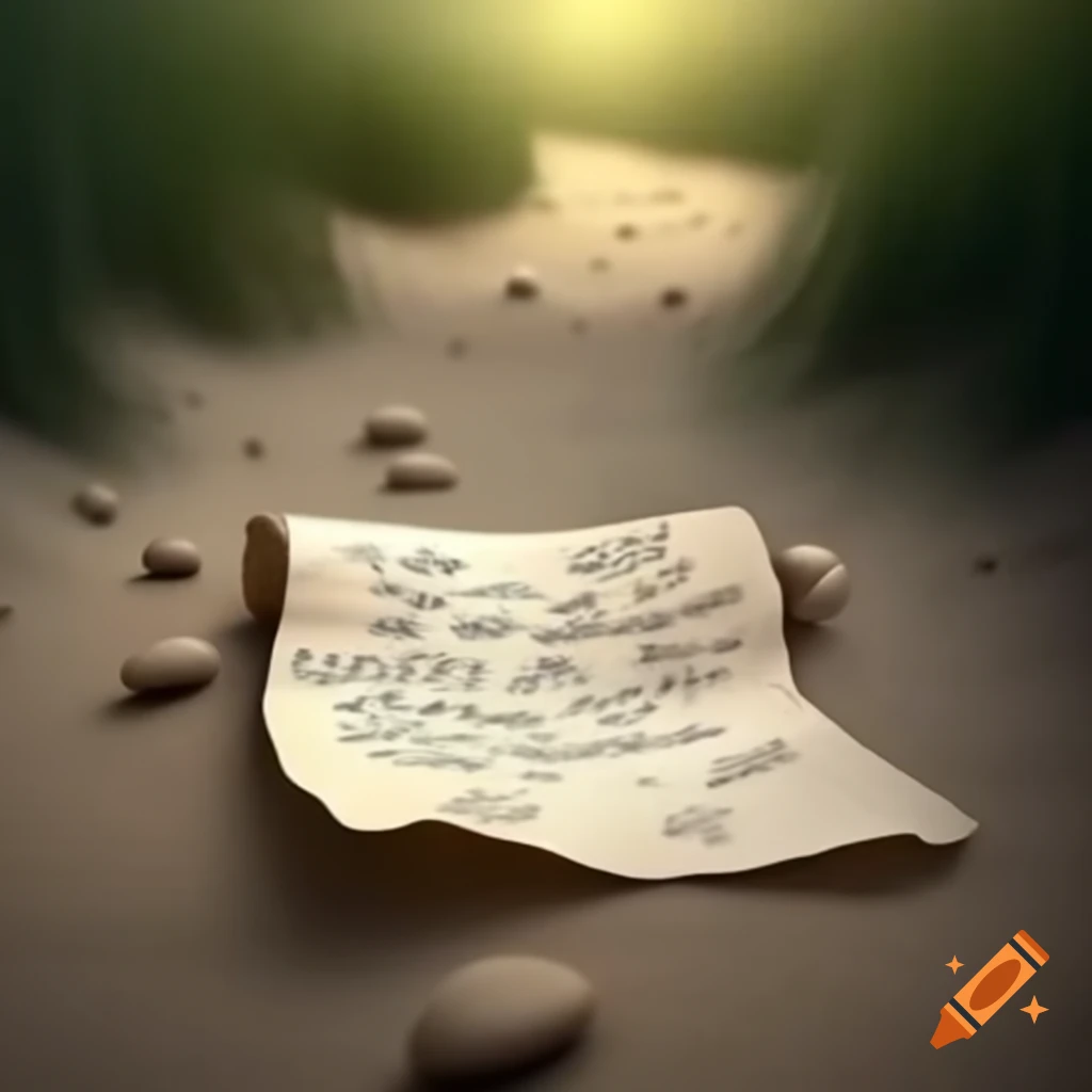 Handwritten sheet partly buried on sandy path with textured paper and ...
