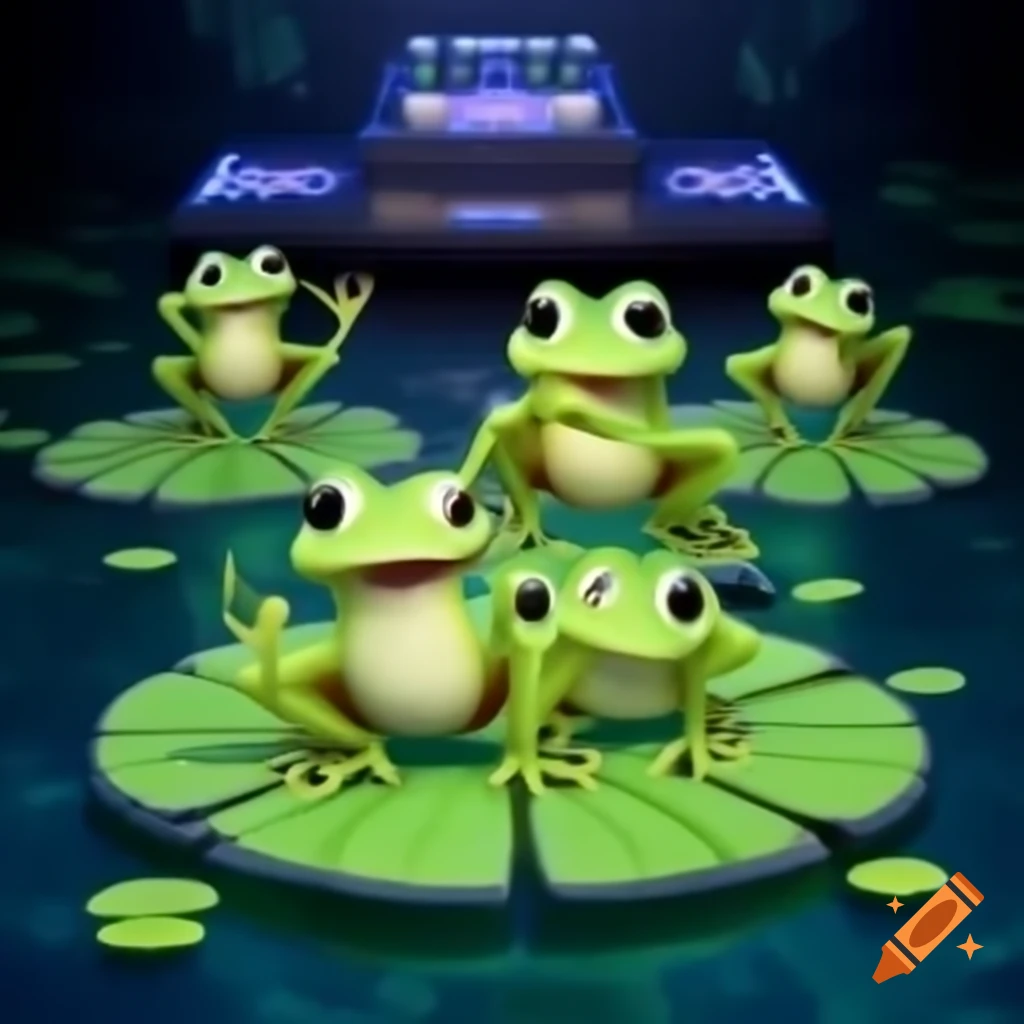 Group of frogs dancing on lilypad in front of DJ on Craiyon