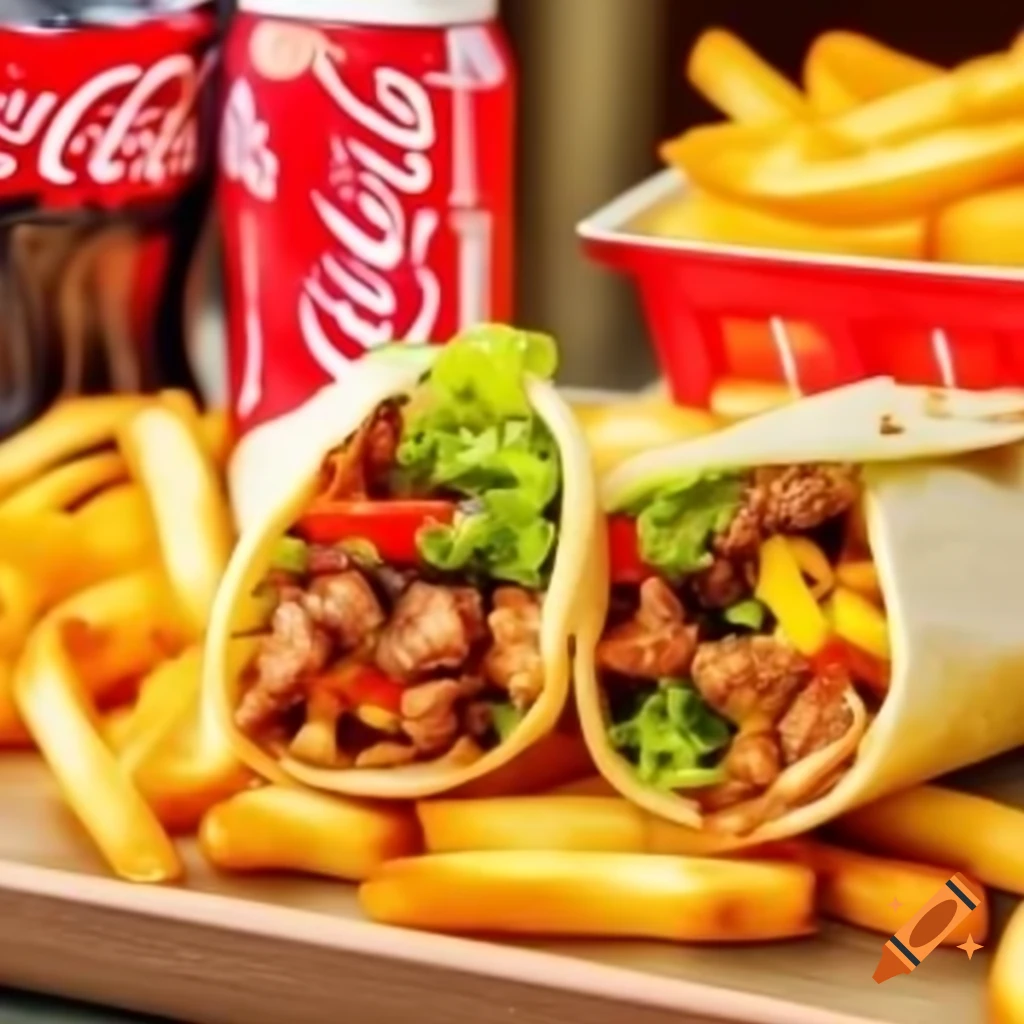 Two kebab wraps, fries, and two cans of coke on Craiyon