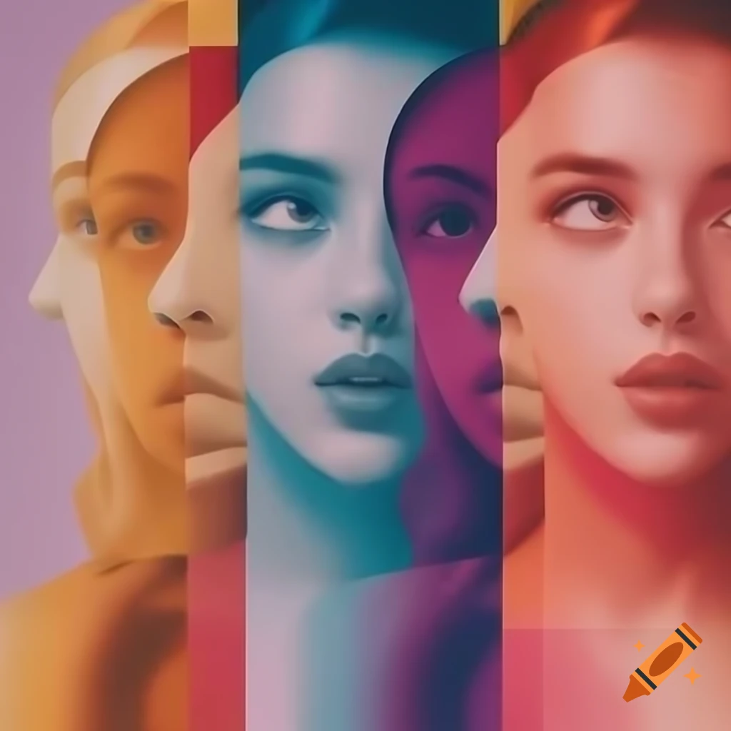 Photorealistic colorful collage of young European female figures with ...